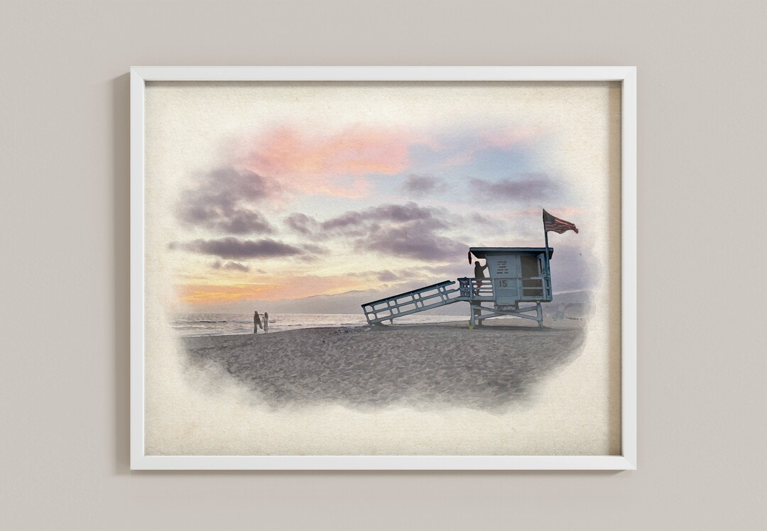 Sunset Lifeguard Tower Watercolor Painting, Pastels, Lifeguard House ...