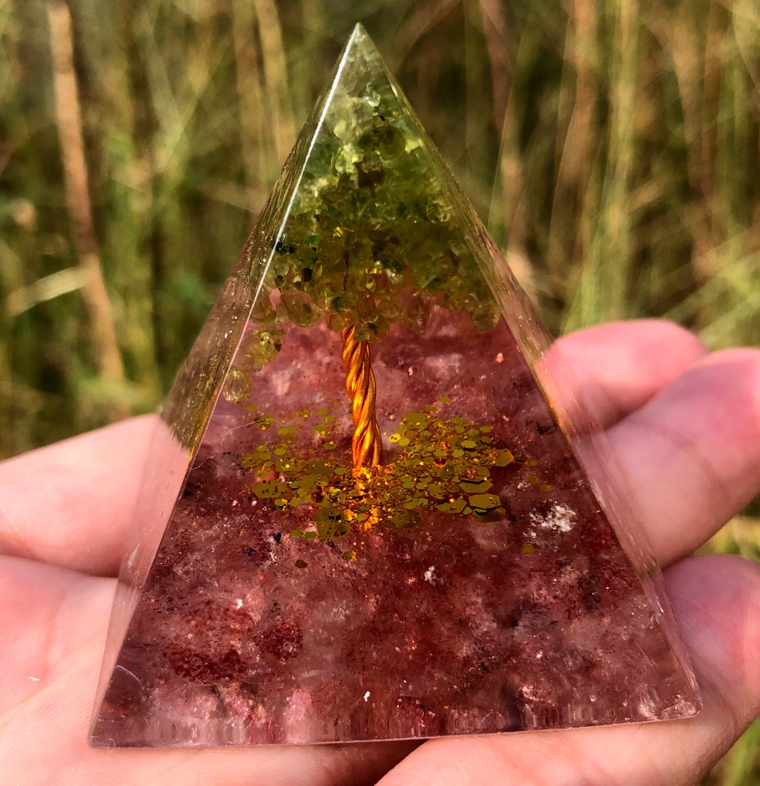 Tree of Life Peridot +strawberry Quartz Stone Orgone Pyramid/positive ...