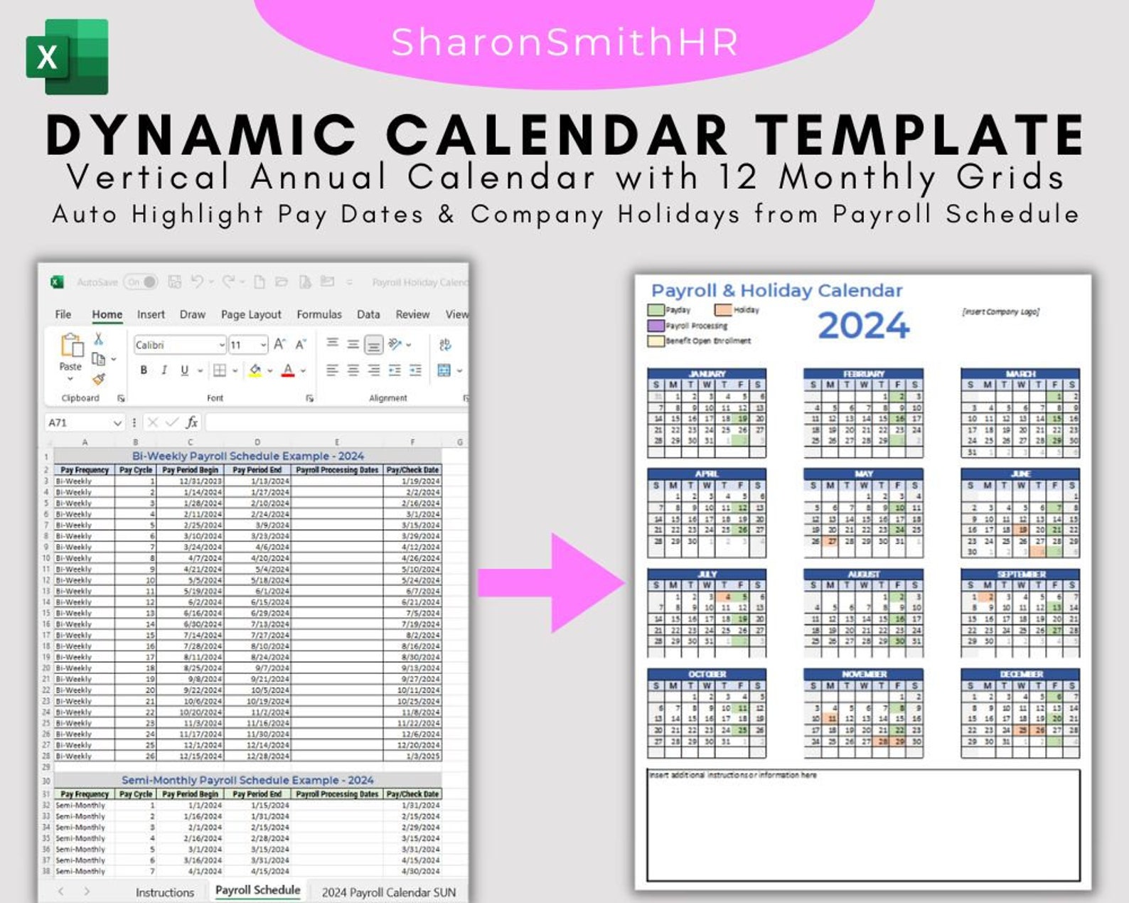 Calendar Template Excel Annual Payroll Calendar 2024 - Etsy