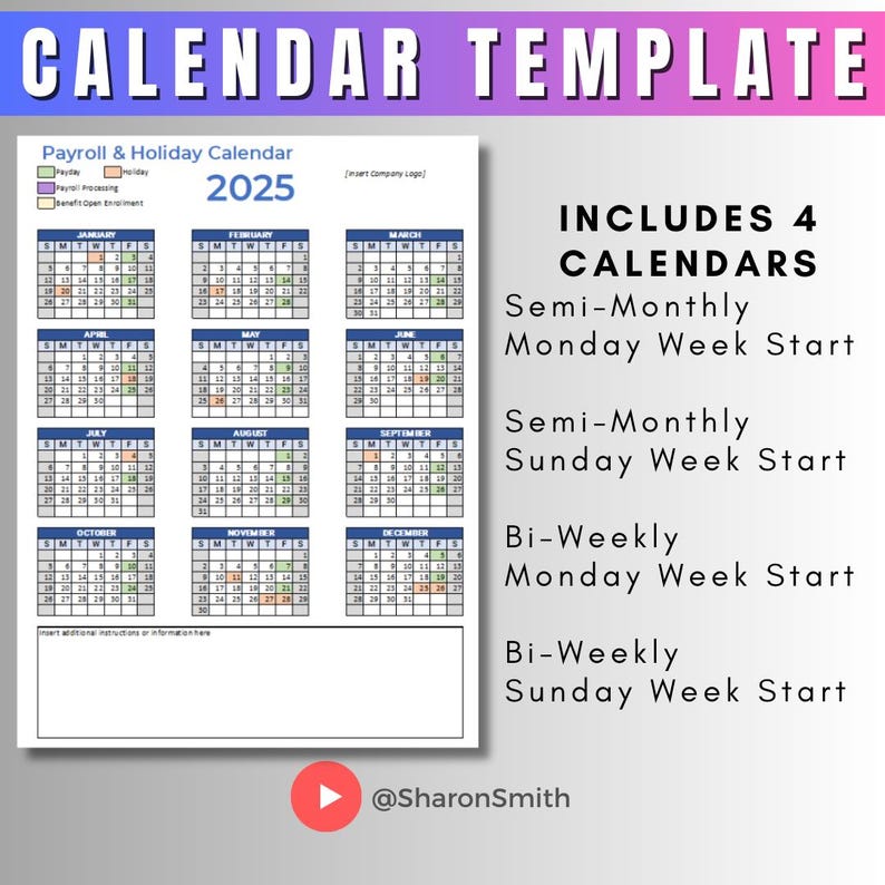 Calendar Template Excel - Annual Payroll Calendar 2024 & 2025 - Etsy