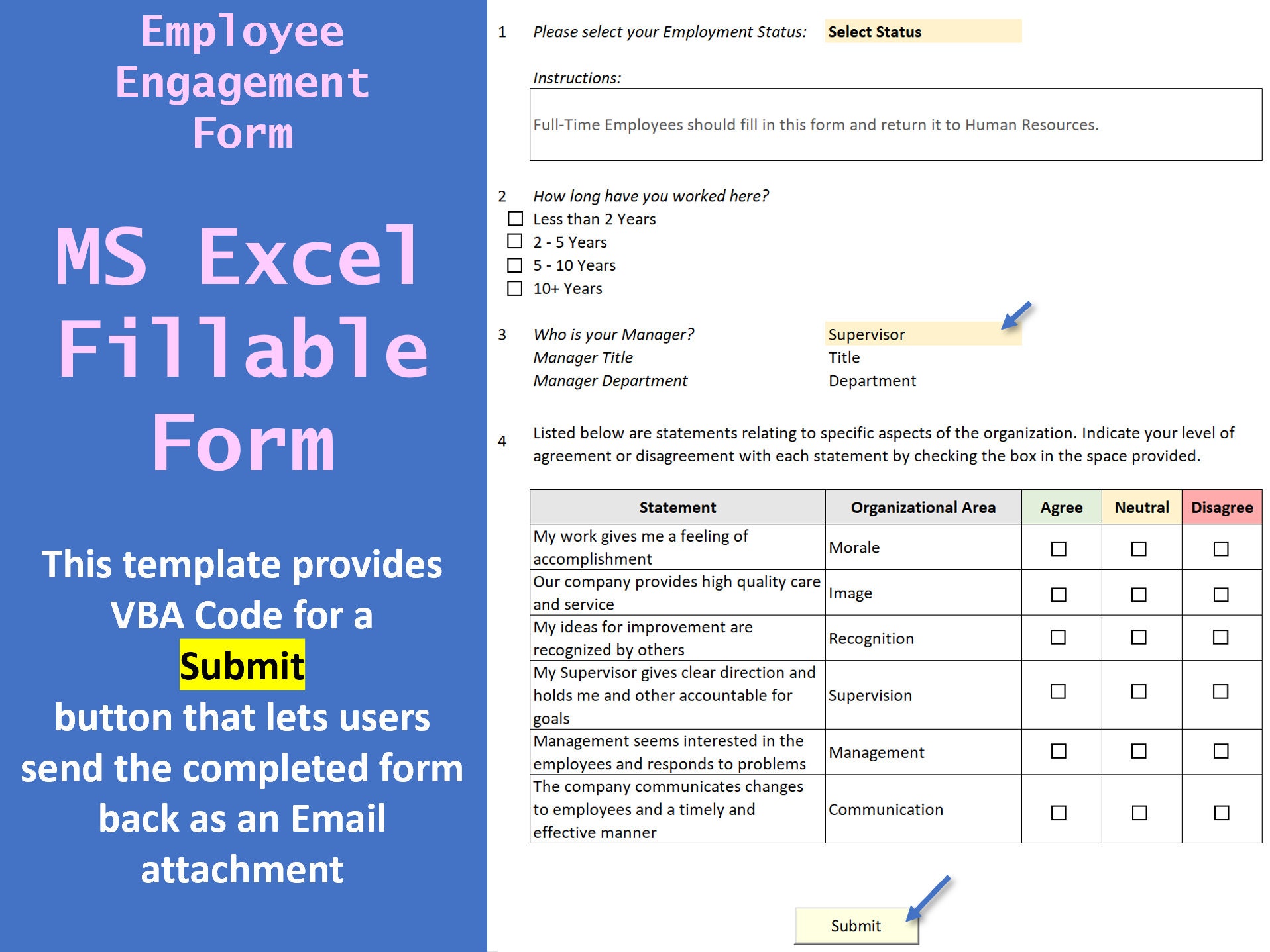 Employee Engagement Survey - MS Excel Fillable Form Template With Email ...