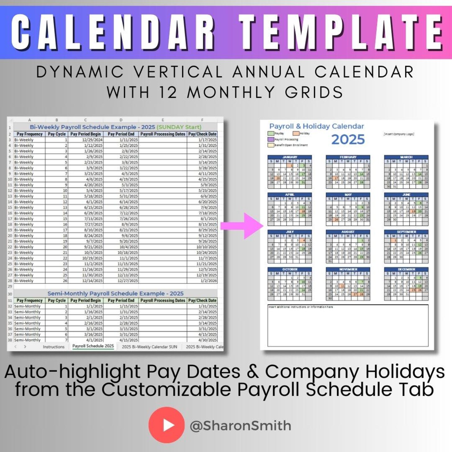Calendar Template Excel - Annual Payroll Calendar 2024 & 2025 - Etsy