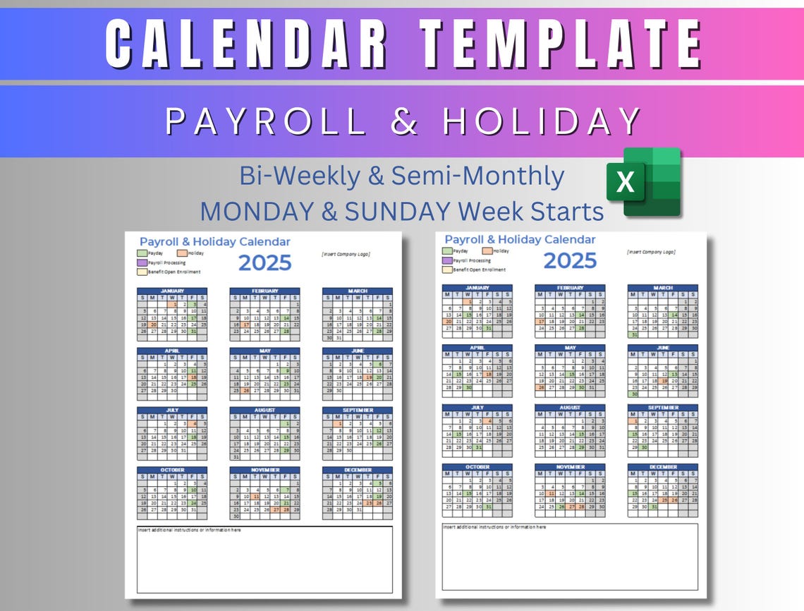 Calendar Template Excel - Annual Payroll Calendar 2024 & 2025 - Etsy