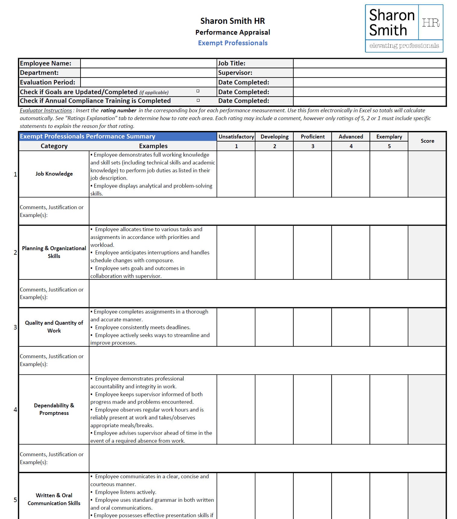 Performance Appraisal Form Employee MS Excel Form Template Etsy