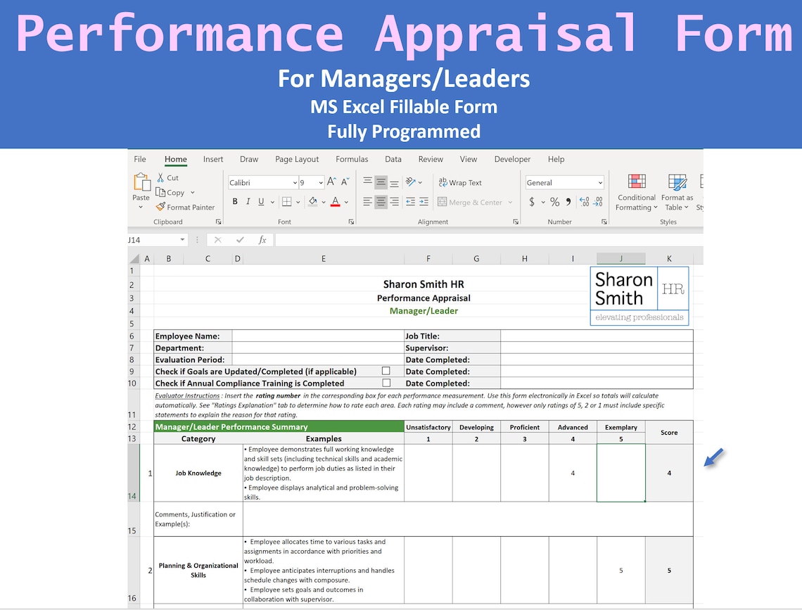 Performance Appraisal Form (manager/leader) - MS Excel Form Template - Etsy