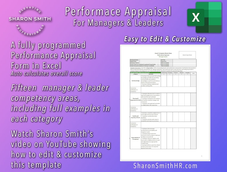 Performance Appraisal Form (manager/leader) - MS Excel Form Template - Etsy