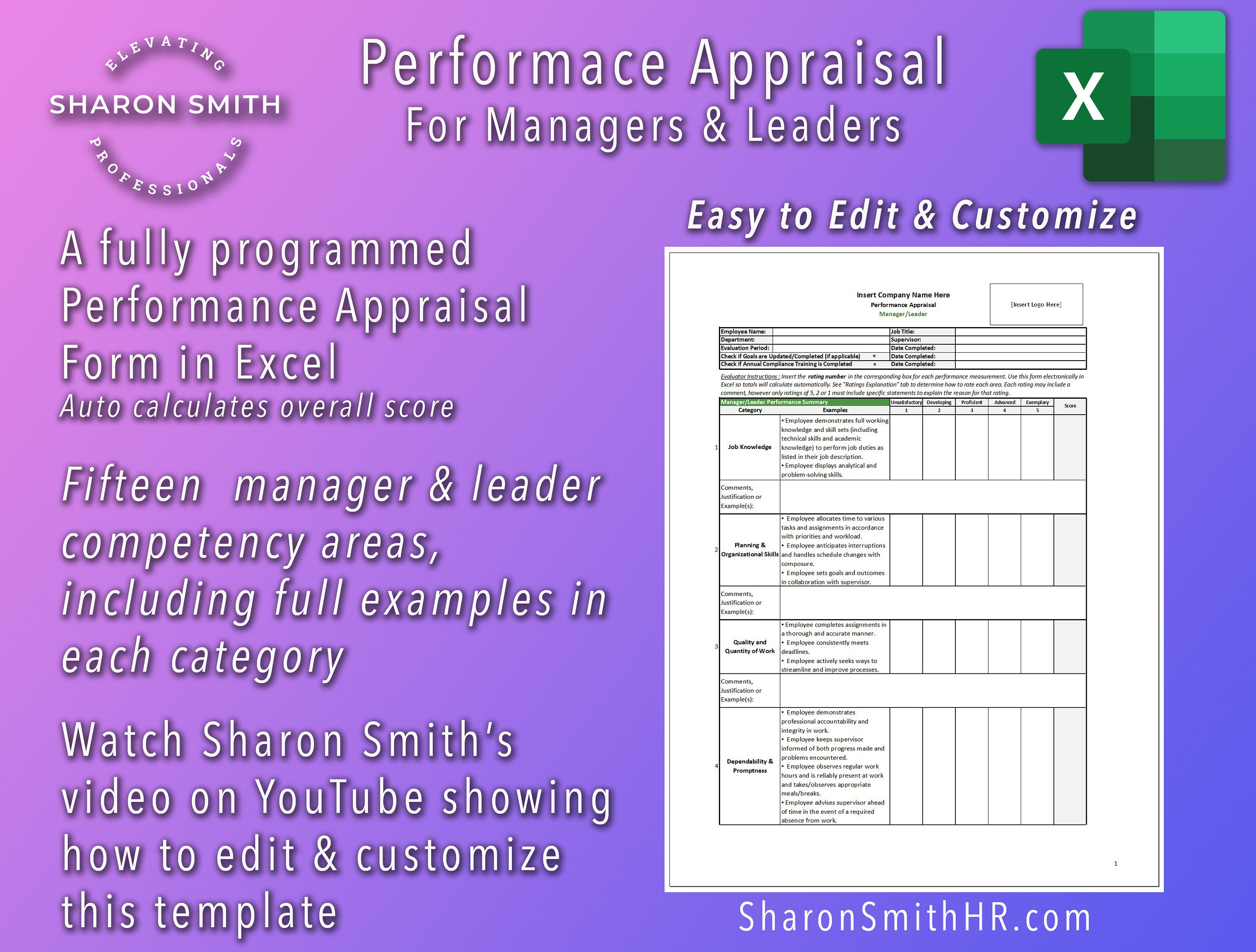 Performance Appraisal Form (manager/leader) - MS Excel Form Template - Etsy