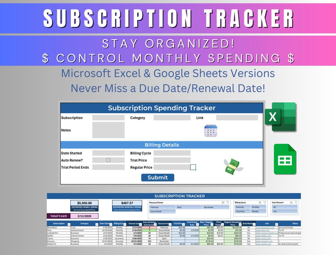 Monthly Subscription Tracker Template | Excel & Google Sheets | Track ...