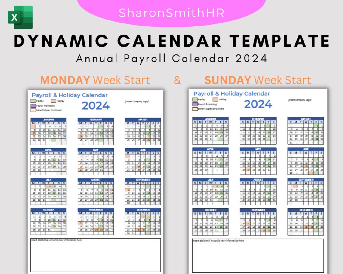 Calendar Template Excel Annual Payroll Calendar 2024 - Etsy