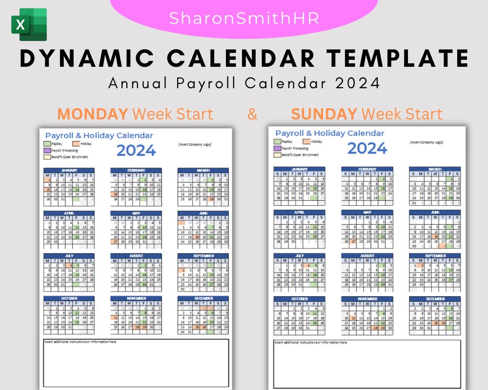 Calendar Template Excel Annual Payroll Calendar 2024 - Etsy