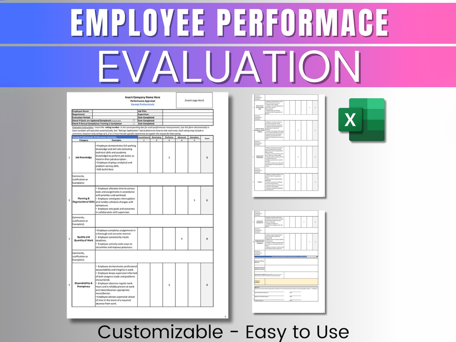 Performance Appraisal Form (employee) - MS Excel Form Template - Etsy