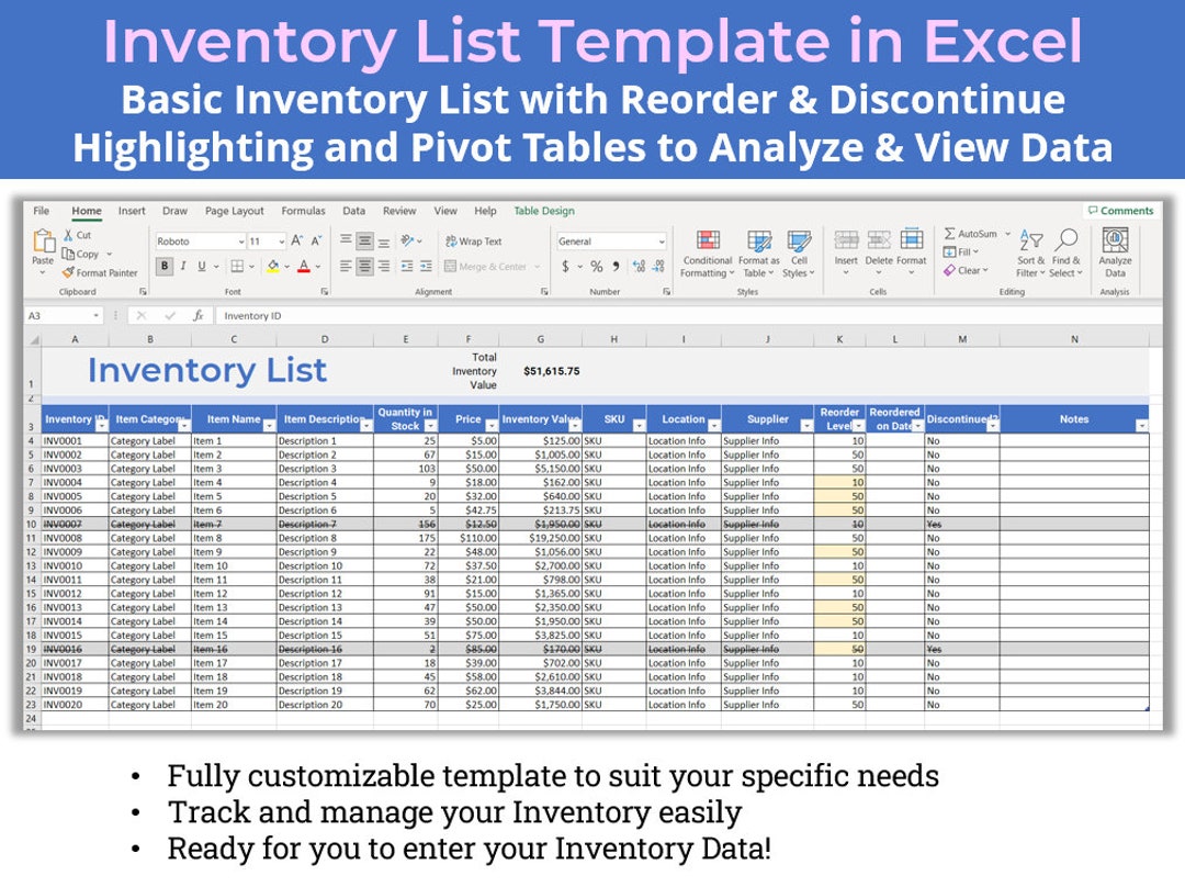Inventory List Template in Excel Manage & Track Inventory - Etsy
