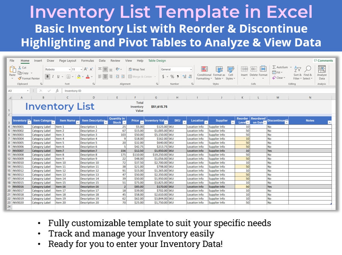 Inventory List Template in Excel Manage & Track Inventory - Etsy