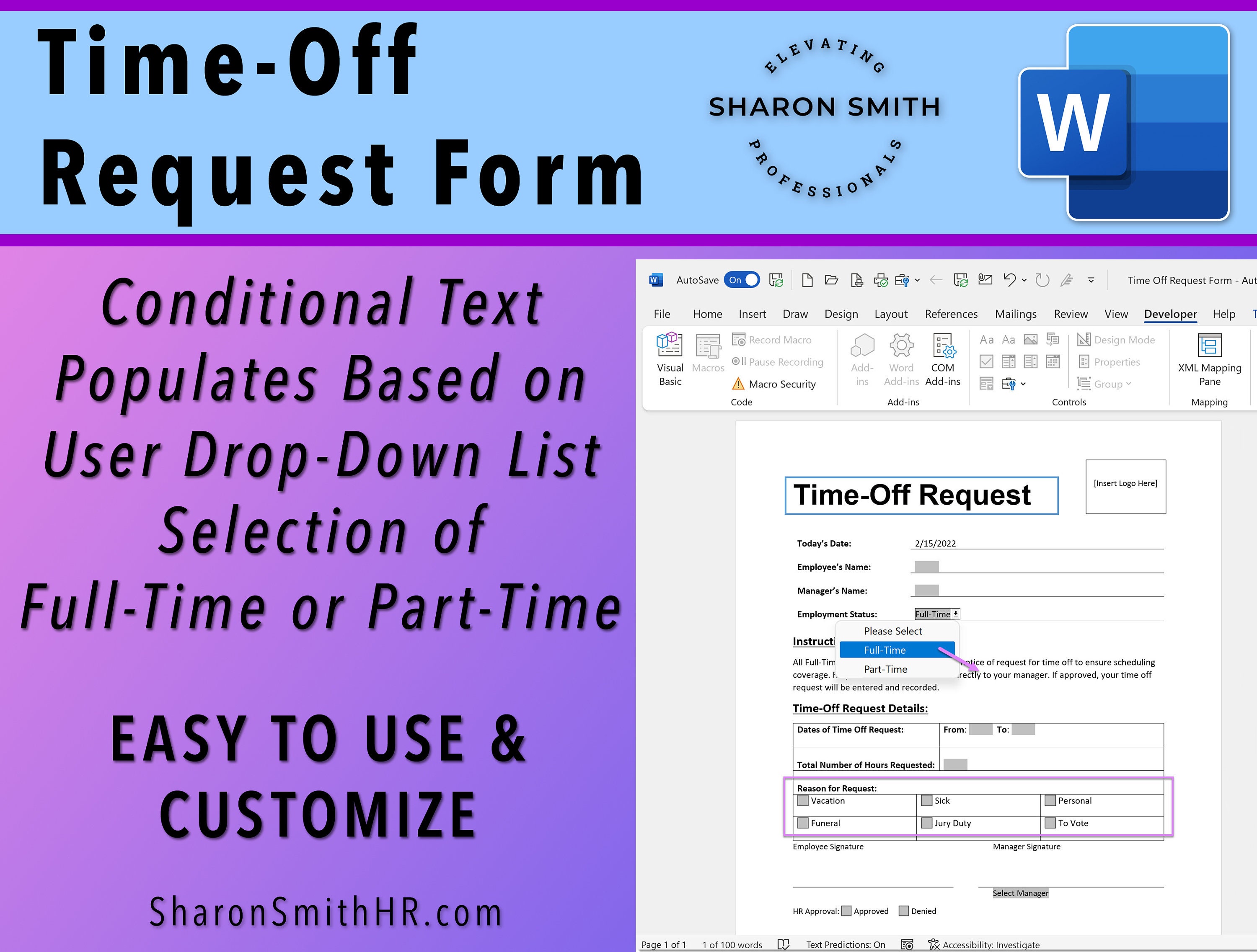 Time-off Request Form - Automatic Text Linked to Drop-down List ...