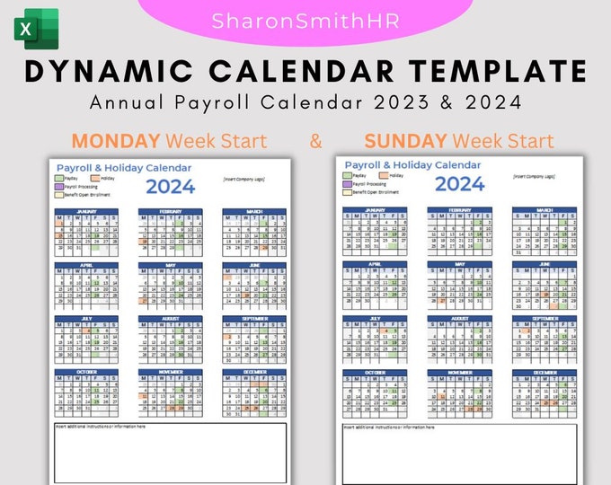 Calendar Template Excel Annual Payroll Calendar 2023 & 2024 - Etsy