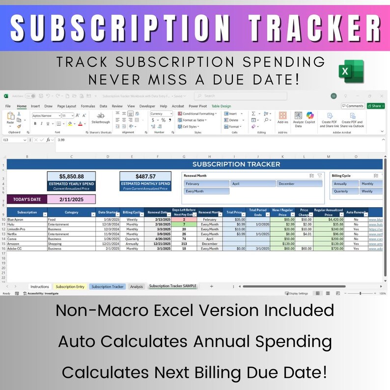 Monthly Subscription Tracker Template | Excel & Google Sheets | Track ...