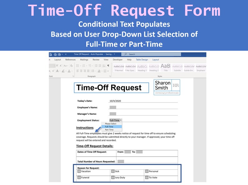 Time-off Request Form - Automatic Text Linked to Drop-down List ...