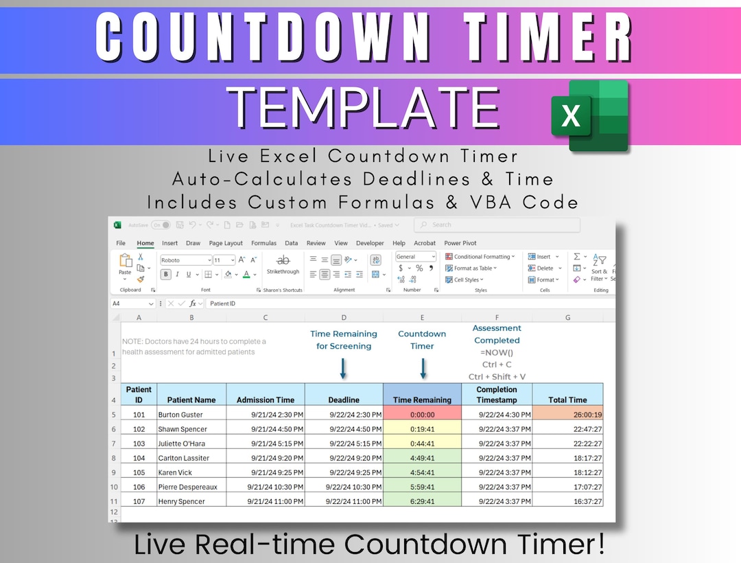 Countdown Timer Template Excel - Excel Live Real-time Countdown Timer - Task Deadline Countdown ...