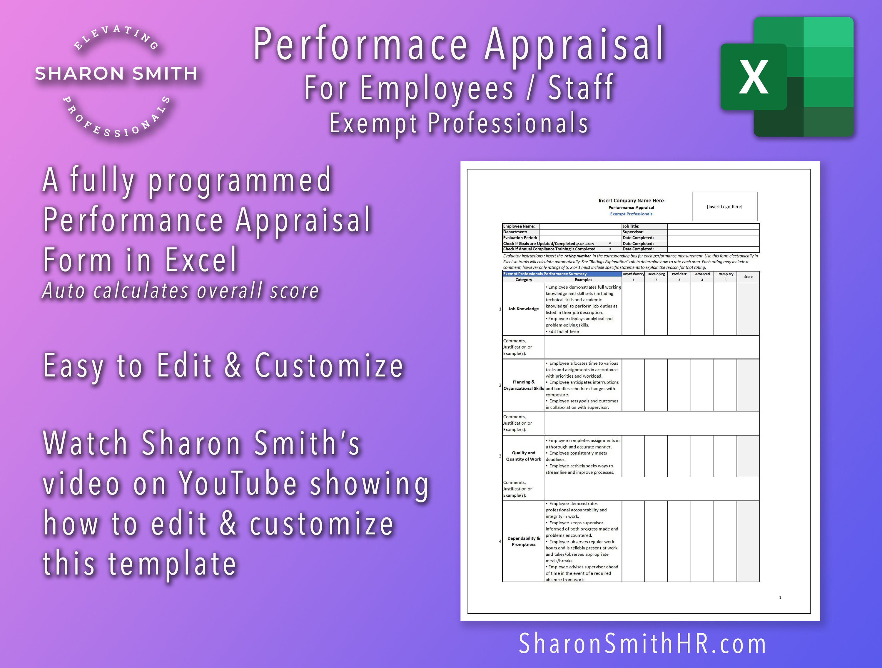 Performance Appraisal Form (employee) - MS Excel Form Template - Etsy