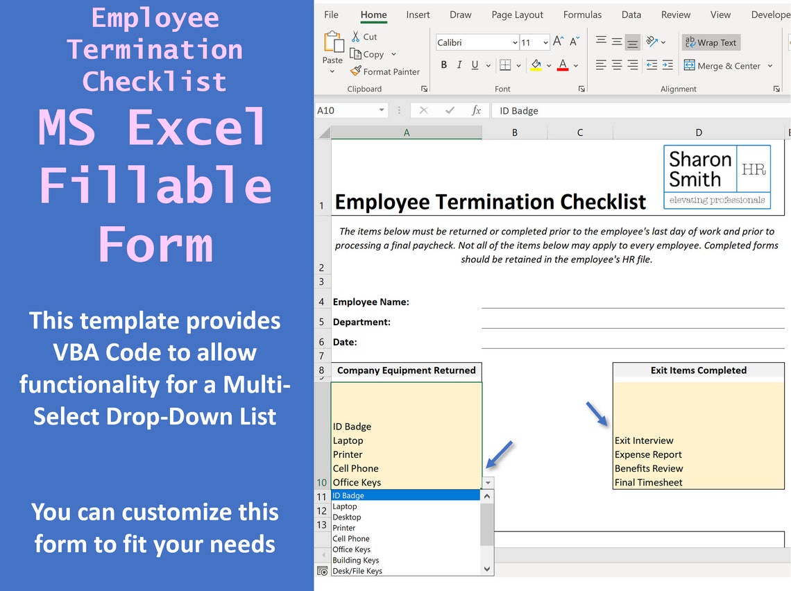 Employee Termination Checklist Form - Excel Multi-select Drop-down List ...