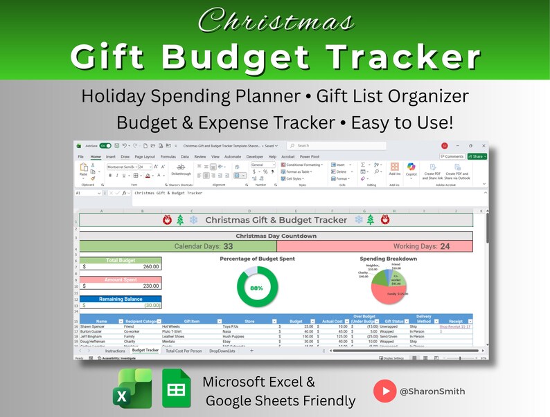 Christmas Gift Budget Tracker Template in Excel • Holiday Spending ...