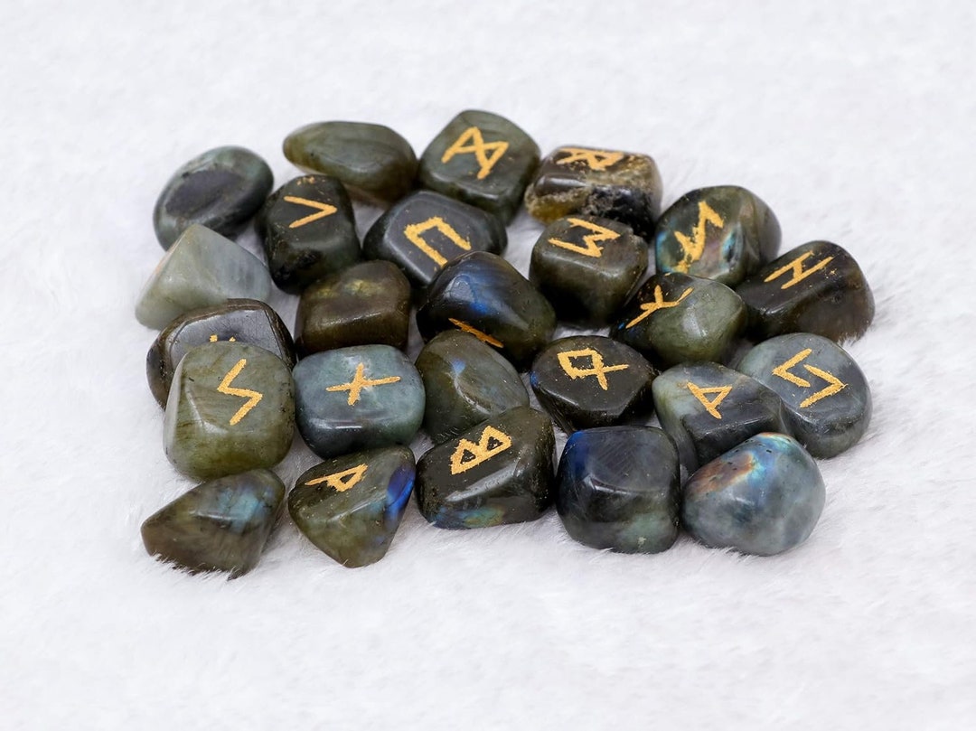 Labradorite Rune Set | 25 Pieces Engraved Tumbled Rune Stones | Agate ...