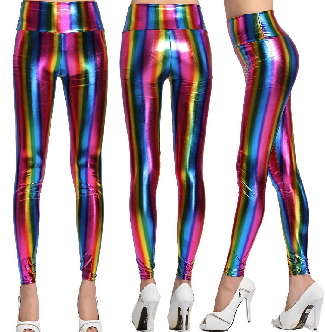 Womens Wet Look High Waist Shiny Pants Ladies Rainbow Stripe Fancy ...