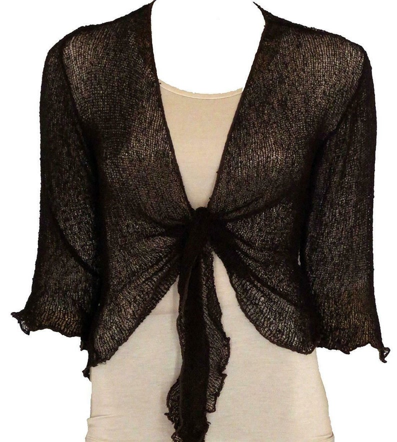 Womens 3/4 Sleeve Knitted Tie up Shrug Ladies Plain Open Front Bolero ...
