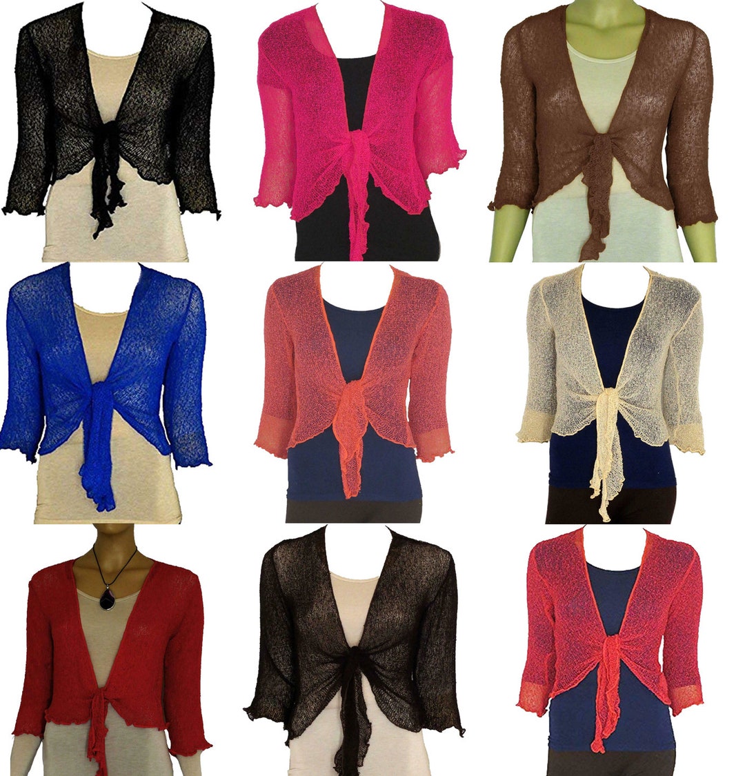 Womens 3/4 Sleeve Knitted Tie up Shrug Ladies Plain Open Front Bolero ...