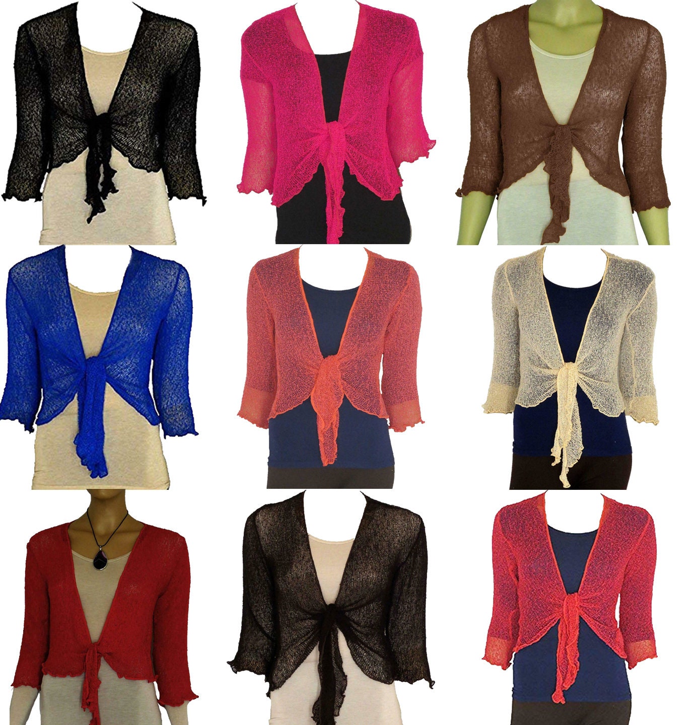 Womens 3/4 Sleeve Knitted Tie up Shrug Ladies Plain Open Front Bolero ...