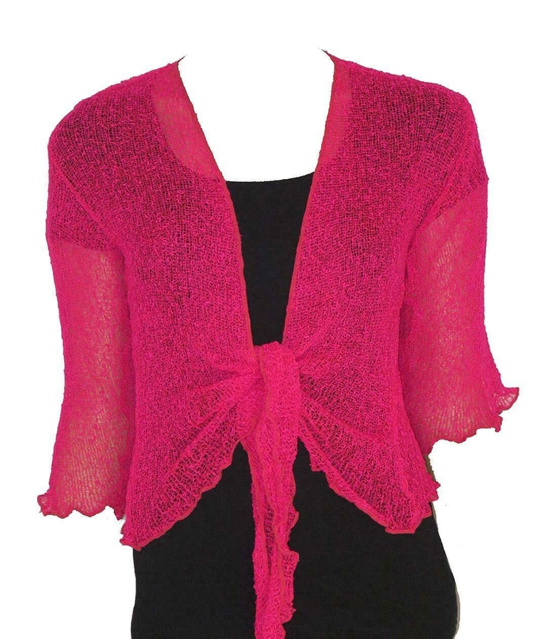 Womens 3/4 Sleeve Knitted Tie up Shrug Ladies Plain Open Front Bolero ...