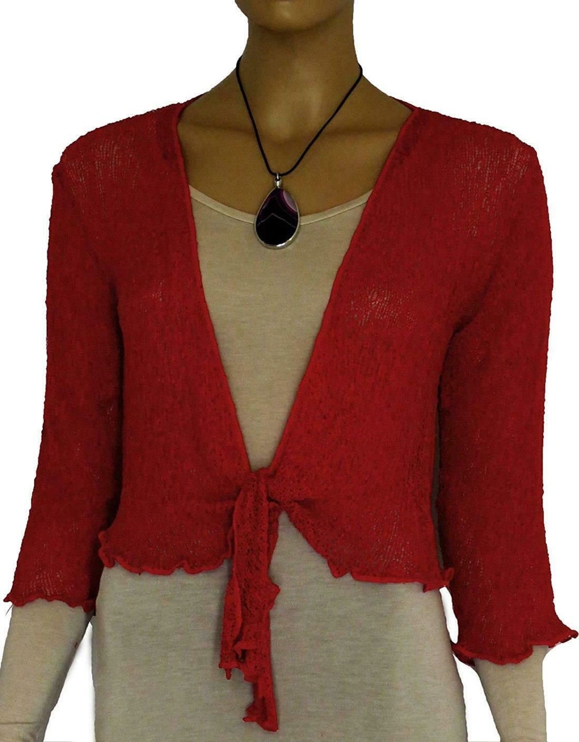 Womens 3/4 Sleeve Knitted Tie up Shrug Ladies Plain Open Front Bolero ...