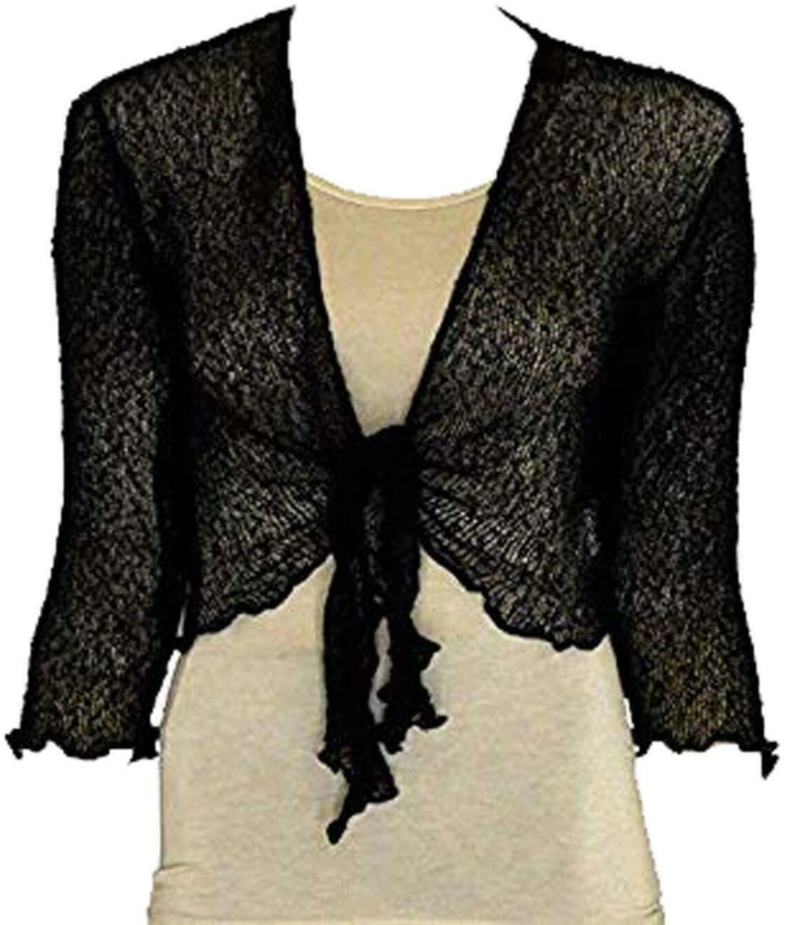 Womens 3/4 Sleeve Knitted Tie up Shrug Ladies Plain Open Front Bolero ...