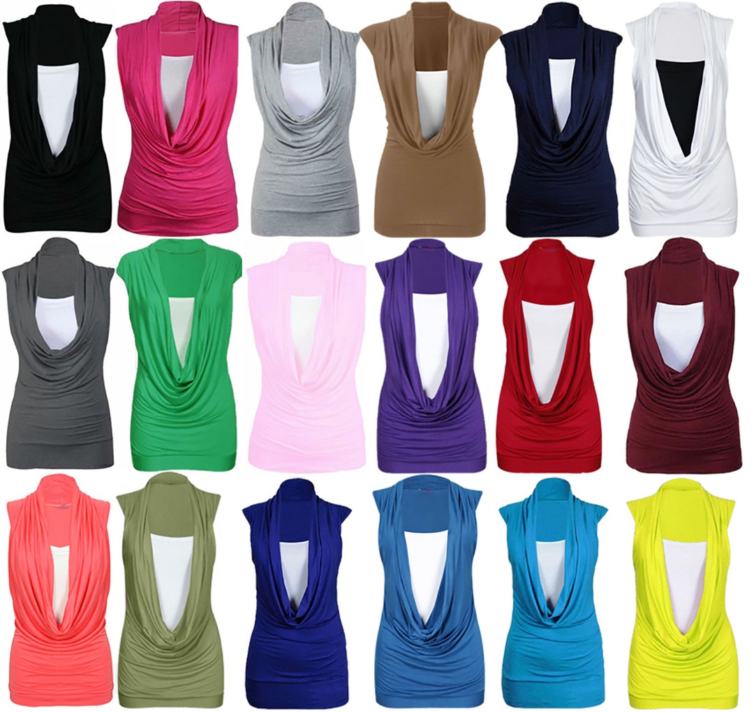 Womens Inner Vest 2 in 1 Cowl Neck Tops Ladies Sleeveless Gathered Neck ...