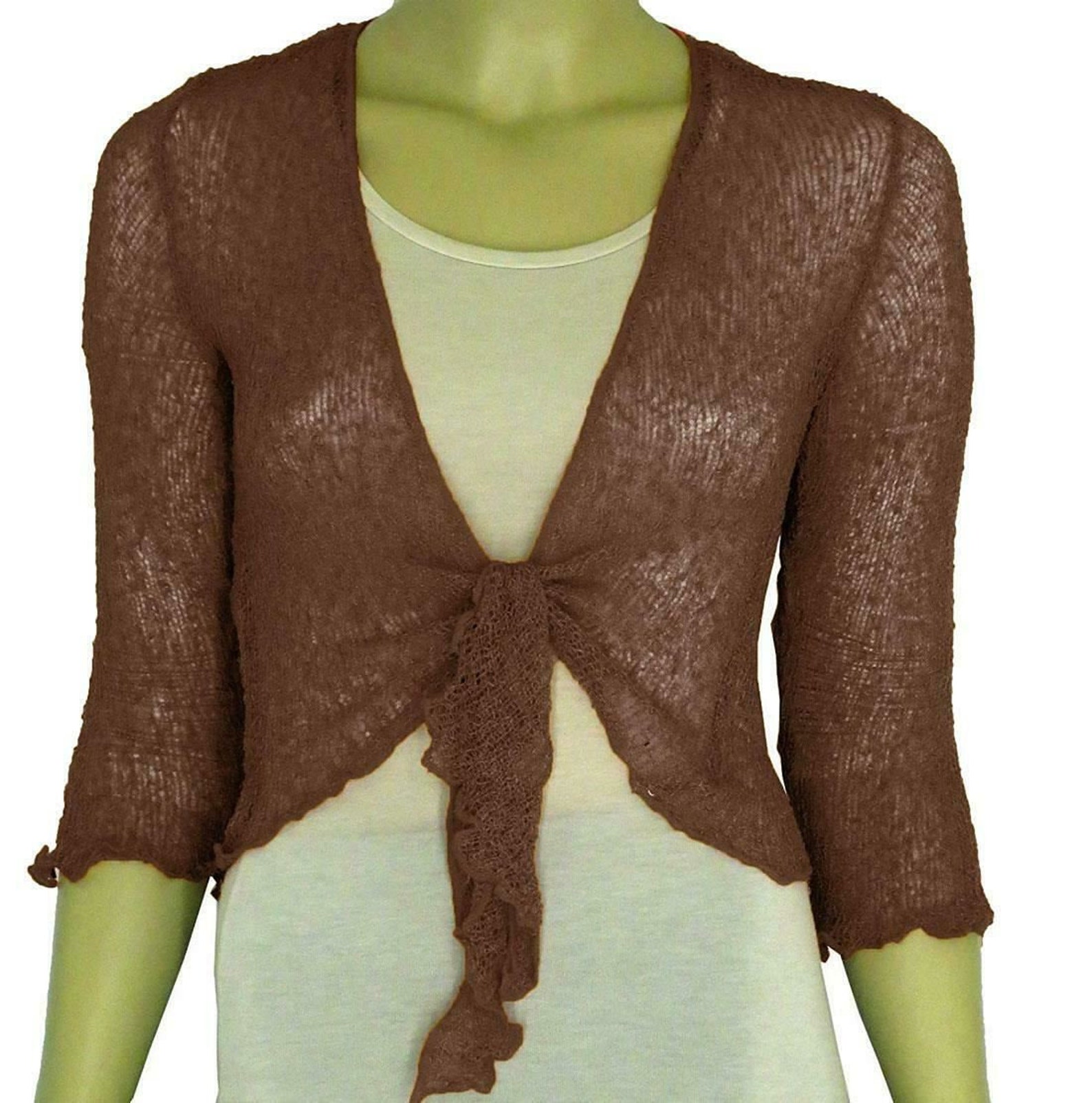 Womens 3/4 Sleeve Knitted Tie up Shrug Ladies Plain Open Front Bolero ...