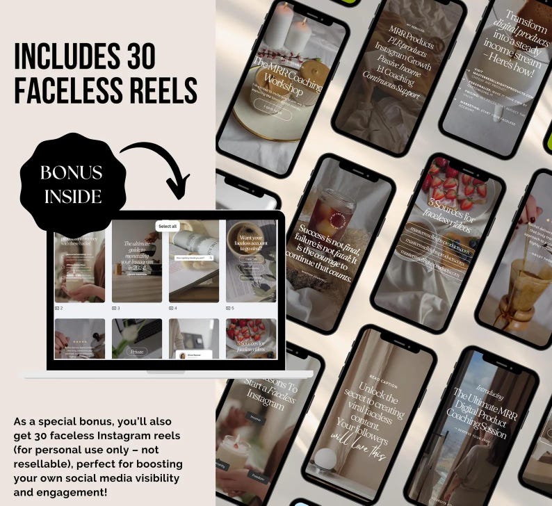 100 Faceless Marketing Reels, Faceless Video, Canva Templates, PLR MRR ...