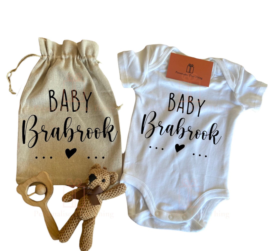 Personalised Baby Shower Gift Pack Name Baby Onesie Wooden Rattle Teddy ...