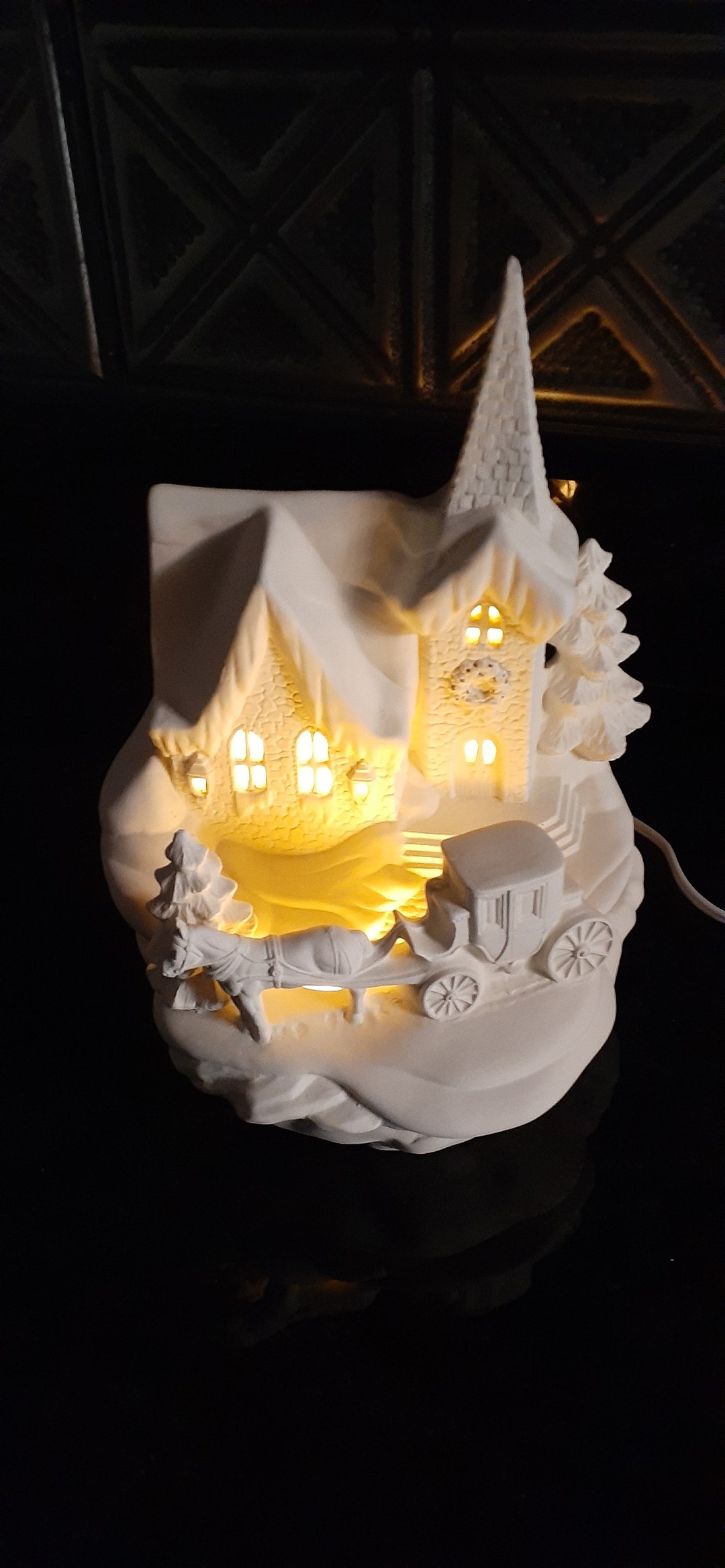 Bisque Icy Winter Church With Horse & Carriage, Illuminated Ceramic ...