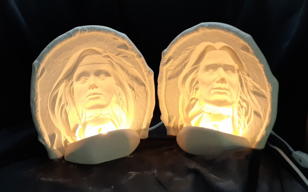 Bisque Native American Figure Head Lamps, Native American Ceramic Night ...