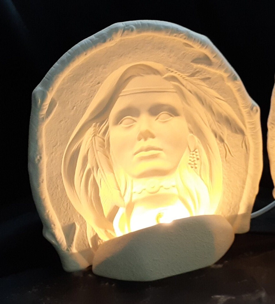 Bisque Native American Figure Head Lamps, Native American Ceramic Night ...
