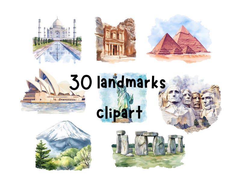 30 Watercolor World Landmarks Clipart Set, Iconic Monuments & Famous ...