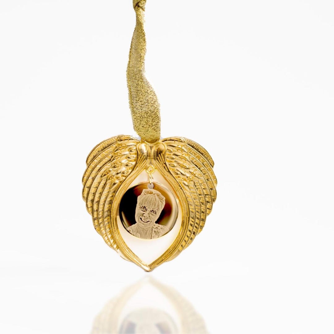 Gold Photo Engraved Angel Wing Hanging Charm Decoration | Personalised ...