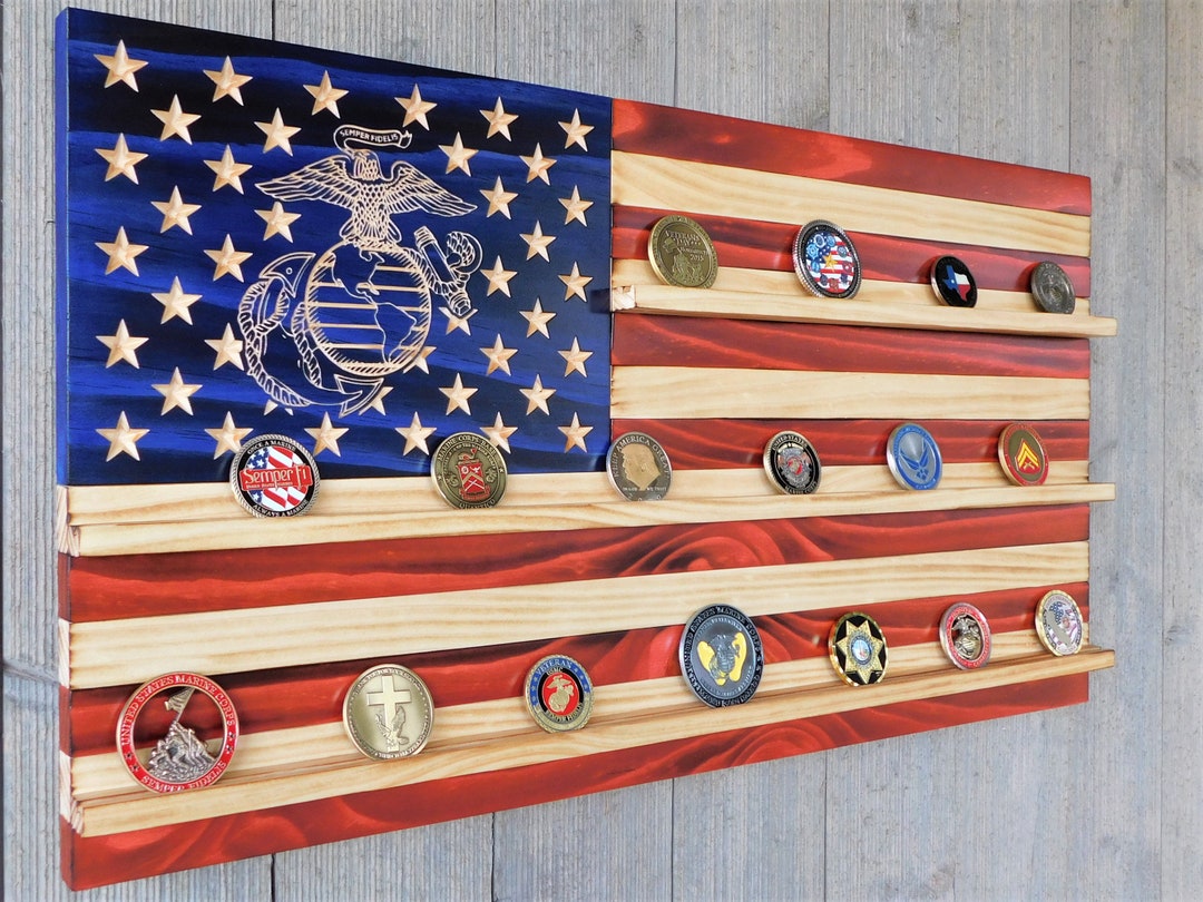 Challenge Coin Display, 14x26.5, Rustic American Flag, USMC Army Navy ...