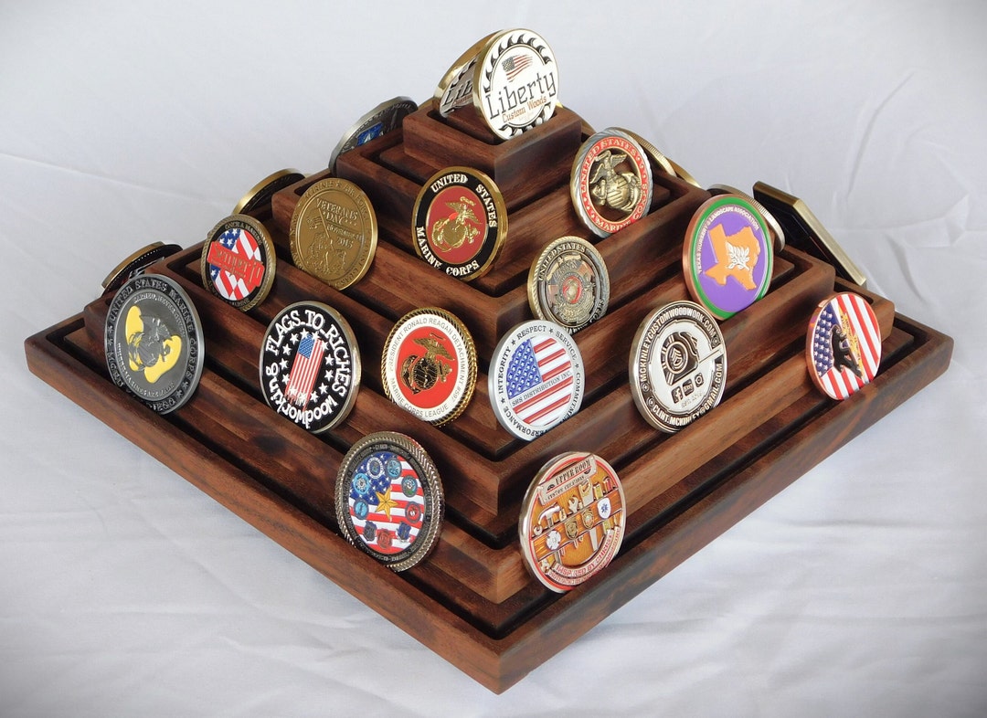 Challenge Coin Display Stand, Walnut Wood Coin Holder, Spinning Pyramid ...