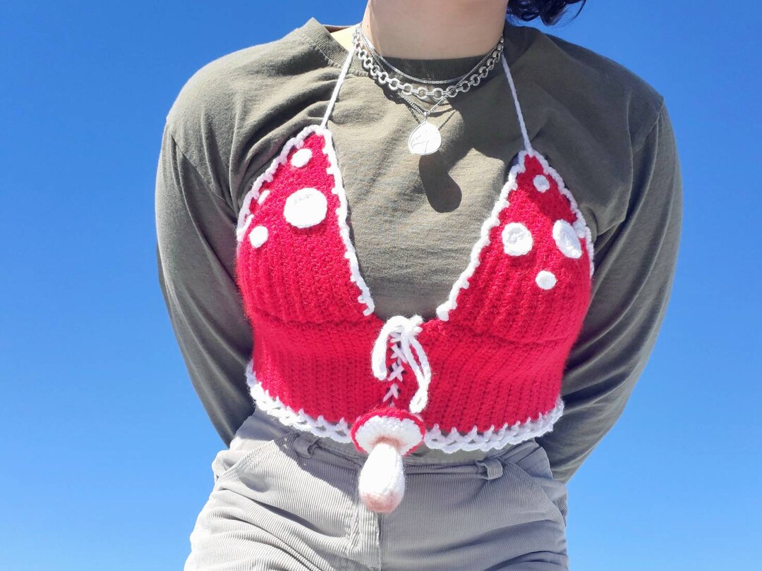 Crochet Mushroom Lace up Top, Handmade Lacy Toadstool Pattern Shirt ...