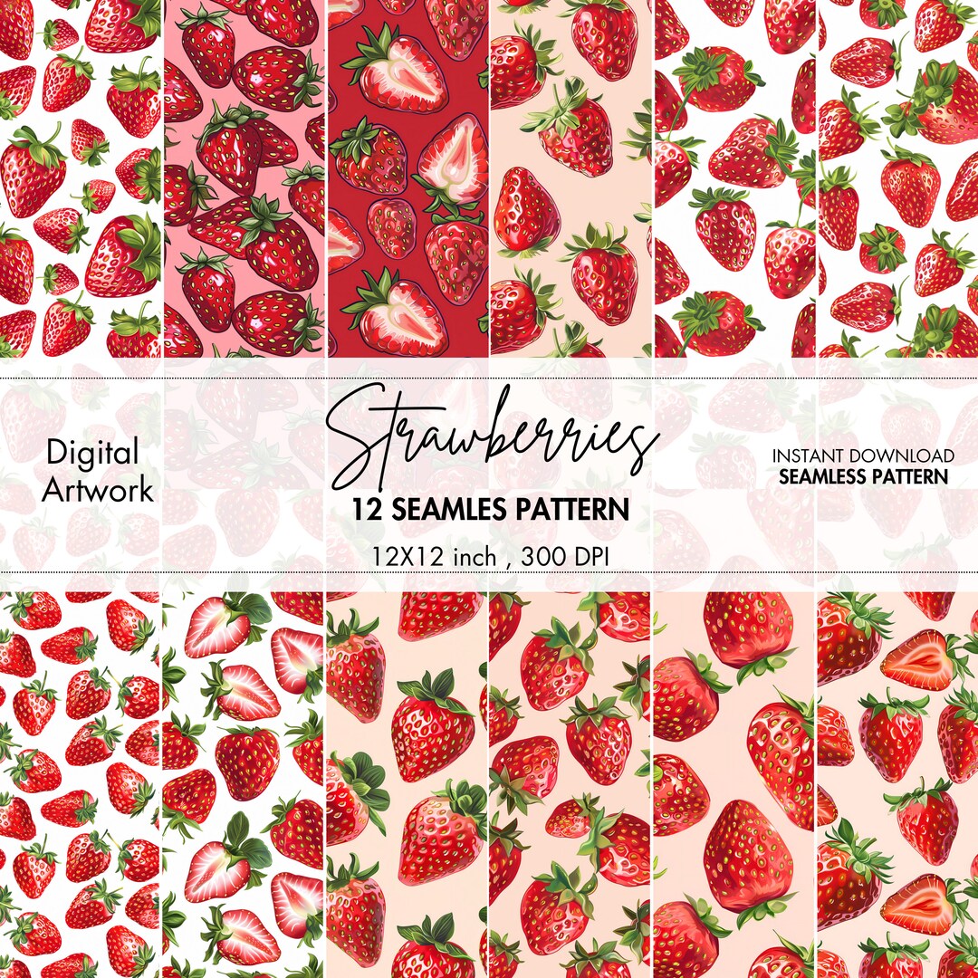 12 Seamless , Strawberries Printable Paper, Digital Download, Seamless ...