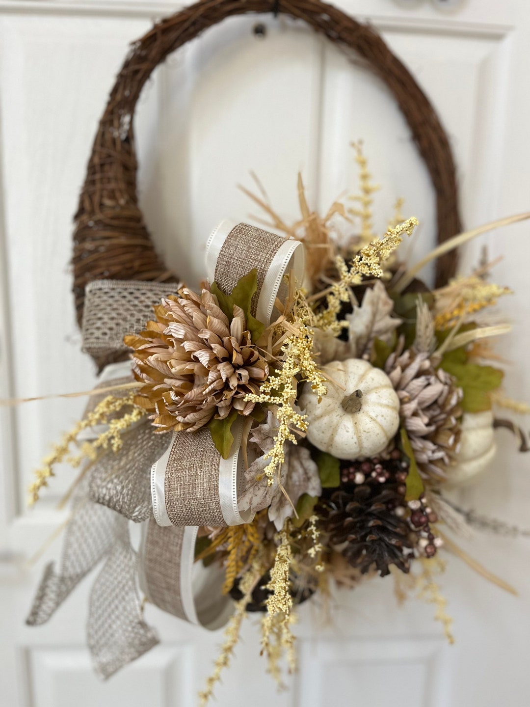 Fall Grapevine Cornucopia Wreath, Neutral Fall Wreath, Fall Wreath ...