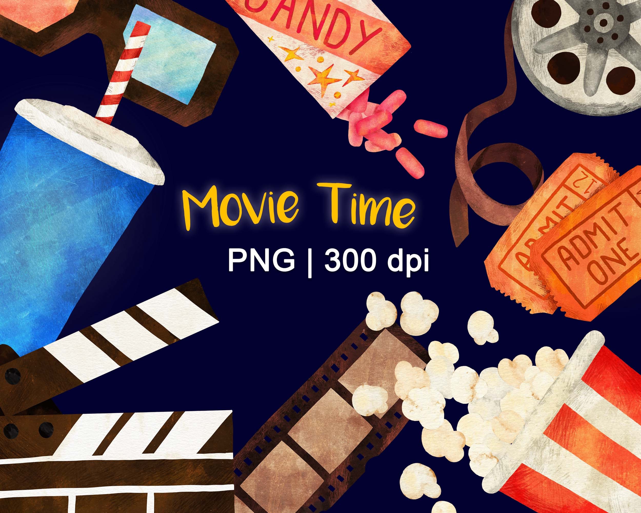 Movie Night Clipart Set Popcorn Soft Drink Movie Reel - Etsy