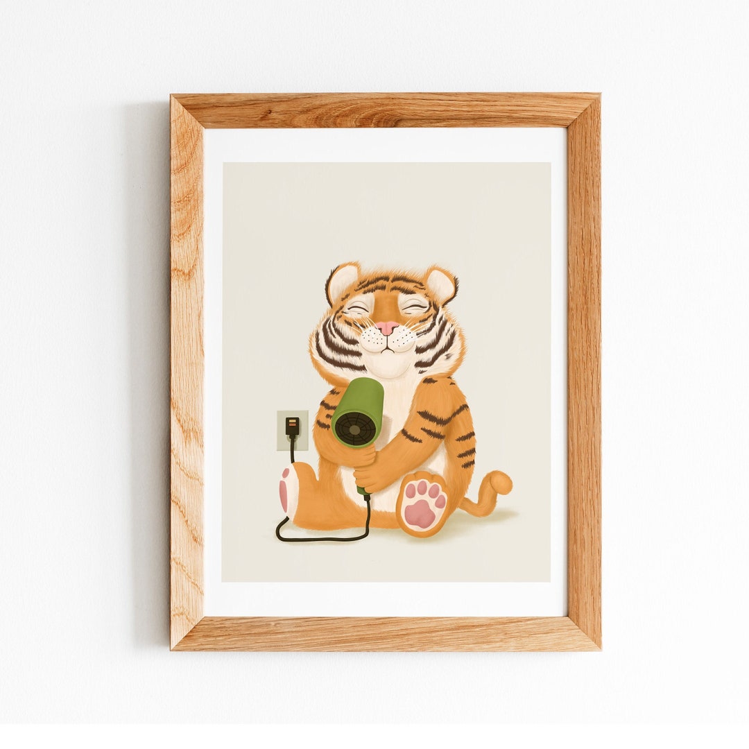 Goofy Tiger With Blow Dryer Art Print| Art Print for Wall, Home Decor ...