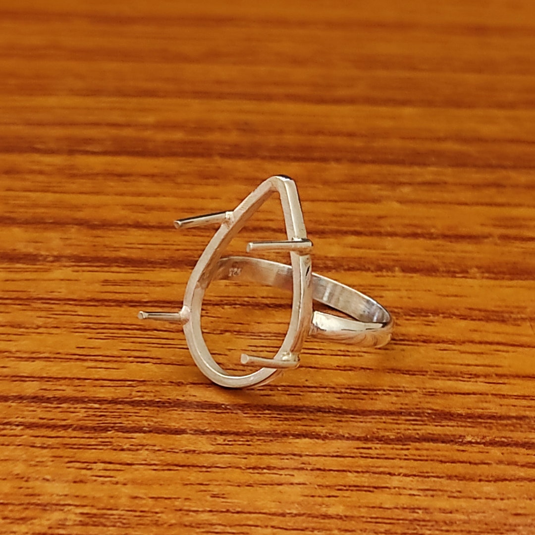 925 Sterling Silver Pear Prong Ring, Plain Prong Cup Open Blank Ring ...